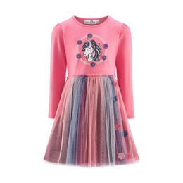 happy girls M&auml;dchen Jerseykleid, pink, Gr. 128, bedruckt, Jersey, Obermaterial: 95% Baumwolle, 5% Elasthan. Futter: 100% Polyester. Unterteil: 100%