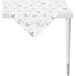 Tischdecke Apelt, B:88cm L:88cmwei&szlig;, natur, zartes blau, Obermaterial: 75% Baumwolle, 25% Polyester, Tischdecken, "7003", Schmetterlings-All-over