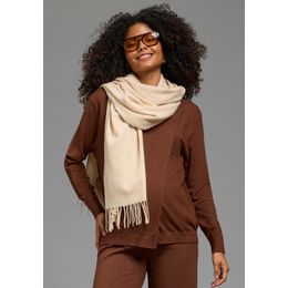 Laura Scott Damen Schal, beige, unifarben, Web, Kunstfaser, Modet&uuml;cher, mit modischen Fransen in klassischen Unifarben