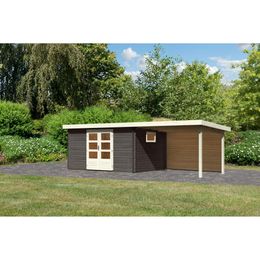 Karibu Gartenhaus-Set 'Ahrensburg 5' terragrau mit Anbaudach und R&uuml;ckwand 706 x 217 x 333 cm