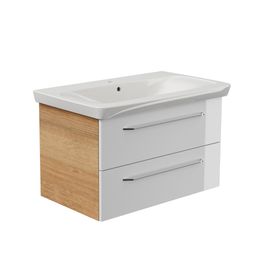 Fackelmann Keramikwaschbecken mit Unterschrank 'MILANO' wei&szlig;/wei&szlig;/eiche 88,3 x 55,2 x 54,3 cm