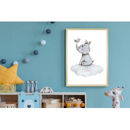 Bild mit Rahmen queence, B:50cm H:70cm T:1,5cm, blau, Holz, Plexiglas, Wohnzimmer, Bilder, "Nashorn mit Vogel auf Wolke", HD Premium Posterdruck mit