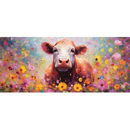 Leinwandbild B&Ouml;NNINGHOFF, B:140cm H:60cm T:1,8cm, bunt, Canvas, MDF, Wohnzimmer, Bilder, "Wandbild BUNTE KUH 60x140 cm &ndash; Leinwandbild Keilrahmen Deko