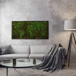 Bild mit Rahmen B&Ouml;NNINGHOFF, B:120cm H:60cm T:5,5cm, gr&uuml;n, Holzwerkstoff, Wohnzimmer, Bilder, "Moosbild "Weltkarte" 60x120 cm, schwarzer Rahmen",