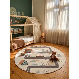 KADIMA DESIGN Kinderteppich Stra&szlig;enkarte Abenteuer Creme 120x120 cm Waschbar