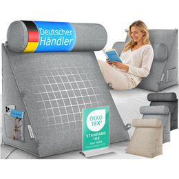 ELONEO R&uuml;ckenkissen Grau 50 cm breit mit Verstellbarer und Abnehmbarer Nackenrolle, Keilkissen f&uuml;r Bett und Sofa geeignet, dreieckiges Lesekissen, Kissen mit waschbarem Bezug, praktisches Seitenfach