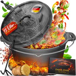 aktimeo Dutch Oven 12 Liter &ndash; Gusseisentopf mit Deckel aus Gusseisen inkl. Zubeh&ouml;r & Rezeptbuch f&uuml;r Grill, Lagerfeuer, Backofen und Induktion