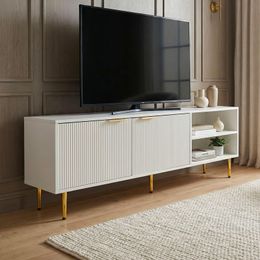 FineBuy Lowboard 150cm TV Kommode Schrank Wei&szlig; T&uuml;ren Fernsehkommode Fernsehunterschrank