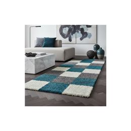 KADIMA DESIGN Hochflorteppich RHEIN, kariert, T&uuml;rkis, 80 x 250 cm