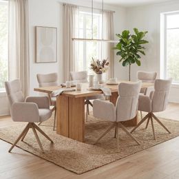 6er-Set Esszimmerstuhl MCW-N11, Stuhl, drehbar Auto-Return Stoff Boucl&eacute; 350g/m&sup2; &Ouml;ko-Tex ~ beige, Beine Holz-Optik