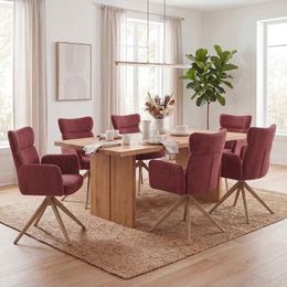 6er-Set Esszimmerstuhl MCW-N11, Stuhl, drehbar Auto-Return Stoff Boucl&eacute; 350g/m&sup2; &Ouml;ko-Tex ~ bordeaux, Beine Holz-Optik