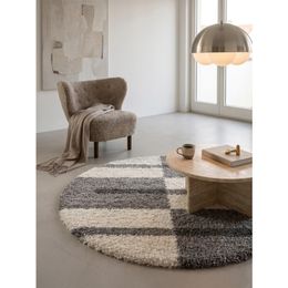 KADIMA DESIGN Hochflorteppich WERFEN, kariert, Hellgrau, &Oslash; 160 cm