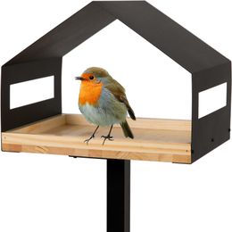 WONDERMAKE&reg; Design Vogelhaus mit St&auml;nder aus Metall und Holz wetterfest, modernes Vogelfutterhaus gro&szlig; Metalldach stehend, Vogelh&auml;uschen Futterhaus f&uuml;r V&ouml;gel zum Stellen XL