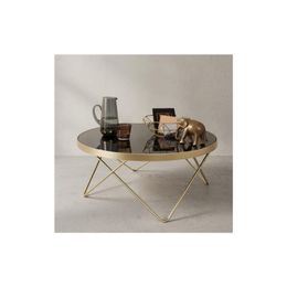 KADIMA DESIGN Beistelltisch "Retro-Charme", schwarze Glasplatte, goldene Beine, 82 cm Durchmesser.