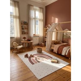 Kinderteppich Regenbogen mit Herz Creme 140x200 cm Waschbar