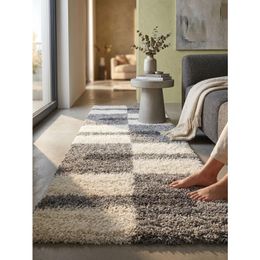 KADIMA DESIGN Hochflorteppich WERFEN, kariert, Hellgrau, 80 x 250 cm