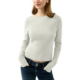 QS Damen Rundhalspullover, wei&szlig;, Gr. S, unifarben, Feinripp, Obermaterial: 70% Viskose, 30% Polyamid, Pullover, mit Rundhals und Feinripp, langarm