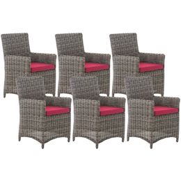 CLP Gartenstuhl 6er Set Fontana, Polyrattan Gartenst&uuml;hle, Hochlehner mit Sitzkissen, Wetterfeste Garten-Sessel mit Armlehnen, Outdoor Stuhlset
