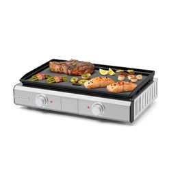 riviera&;bar Plancha Grill Pro Enamelle Tischgrill (Plancha-Grillplatte, emailliertes Gusseisen, 2 getrennte Heizzonen, Grillfl&auml;che 57 x 35 cm, Edelstahl-Geh&auml;use geb&uuml;rstet, abnehmbare Auffangschale, hohe R&auml;nder)