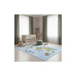 KADIMA DESIGN Spielteppich TRAUN in Blau, mit Weltkarte-Tiere-Motiv, 120 x 170 cm