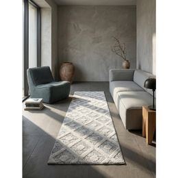 KADIMA DESIGN Hochflorteppich TALFER, geometrisch, aus Polypropylen, Grau, 80 x 250 cm