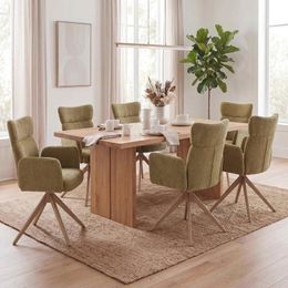6er-Set Esszimmerstuhl MCW-N11, Stuhl, drehbar Auto-Return Stoff Boucl&eacute; 350g/m&sup2; &Ouml;ko-Tex ~ oliv, Beine Holz-Optik