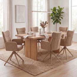 6er-Set Esszimmerstuhl MCW-N11, Stuhl, drehbar Auto-Return Stoff Boucl&eacute; 350g/m&sup2; &Ouml;ko-Tex ~ hellbraun, Beine Holz-Optik