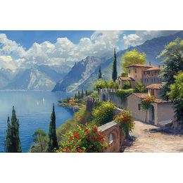 Leinwandbild B&Ouml;NNINGHOFF, B:90cm H:60cm T:1,8cm, blau, Canvas, MDF, Wohnzimmer, Bilder, "Wandbild STADT AM BERGSEE 60x90 cm &ndash; Leinwandbild Keilrahmen