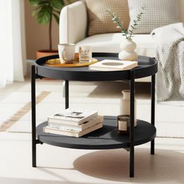 CLP Couchtisch rund Holz Corbitan, Sofatisch 2 Ebenen mit Stauraum, Beistelltisch klein Metallgestell schwarz