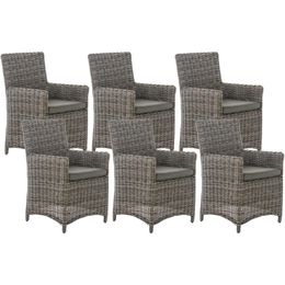 CLP Gartenstuhl 6er Set Fontana, Polyrattan Gartenst&uuml;hle, Hochlehner mit Sitzkissen, Wetterfeste Garten-Sessel mit Armlehnen, Outdoor Stuhlset
