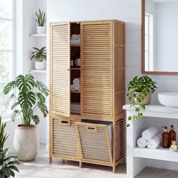 Bambus-Badezimmerschrank MCW-N83, Badregal Schrank, 2 W&auml;schek&ouml;rbe T&uuml;ren MVG 168x82x34cm ~ natur, Korb grau