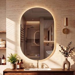 CLP Badspiegel mit LED-Beleuchtung oval, Badezimmerspiegel mit Touch-Dimmer, 3 Lichtfarben, beschlagfrei, rahmenloser Wandspiegel Barbora