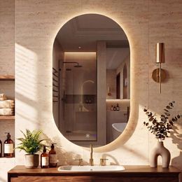 CLP Badspiegel mit LED-Beleuchtung oval, Badezimmerspiegel mit Touch-Dimmer, 3 Lichtfarben, beschlagfrei, rahmenloser Wandspiegel Barbora