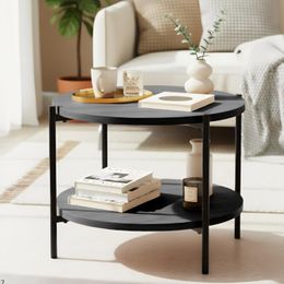 CLP Couchtisch rund Holz Edduma, Sofatisch 2 Ebenen mit Stauraum, Beistelltisch klein Metallgestell schwarz