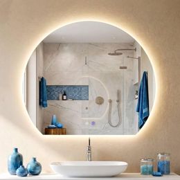 CLP Badspiegel mit LED-Beleuchtung halbrund, Badezimmerspiegel mit Touch-Dimmer, 3 Lichtfarben, beschlagfrei, rahmenloser Wandspiegel Baloni