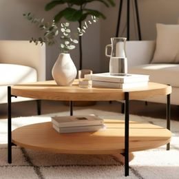 CLP Couchtisch rund Holz Edduma, Sofatisch 2 Ebenen mit Stauraum, Beistelltisch klein Metallgestell schwarz