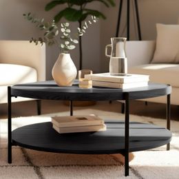 CLP Couchtisch rund Holz Edduma, Sofatisch 2 Ebenen mit Stauraum, Beistelltisch klein Metallgestell schwarz