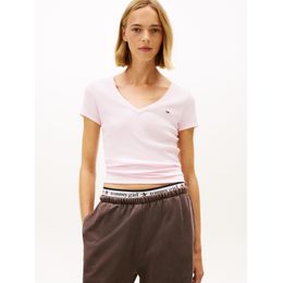 Tommy Jeans Damen Kurzarmshirt "TJW SLIM ESSENTIAL RIB V SHORT SLEEVE", rosa, Gr. S, gestreift, Feinripp, Obermaterial: 95% Baumwolle, 5% Elasthan,