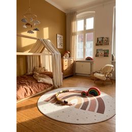 Kinderteppich Regenbogen mit Herz Creme 120x120 cm Waschbar