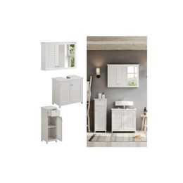 VICCO Badm&ouml;bel-Set Riad, Wei&szlig;, Badezimmer, moderne Badserie, Lamellen-Front, Waschtischunterschrank, Spiegelschrank, Midischrank