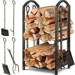Kesser&reg; Kaminholzregal 5-teiliges Set Kaminholzst&auml;nder Feuerholzablage Brennholzregal Innen und Aussen Metall 2 Ebenen mit 4 Kaminwerkzeug f&uuml;r Kamin & Ofen, Stahl 40x30x74,5cm Verstellbar