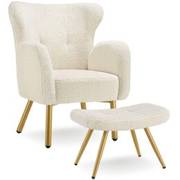 TecTake&reg; Sessel mit Hocker, dick gepolstert, mit Boucl&eacute;-Bezug, runde, galvanisierte Stahlbeine, Belastbarkeit 120 kg