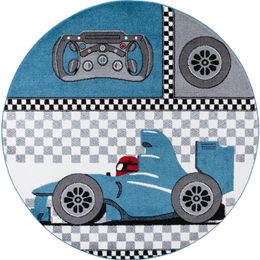 KADIMA DESIGN Spielteppich TASNA in Blau, mit Rennwagen-Motiv, &Oslash; 160 cm