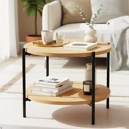 CLP Couchtisch rund Holz Edduma, Sofatisch 2 Ebenen mit Stauraum, Beistelltisch klein Metallgestell schwarz