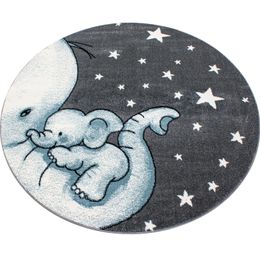 KADIMA DESIGN Kinderteppich TASNA, mit Elefanten-Motiv, Blau, &Oslash; 120 cm
