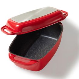 Stoneline Br&auml;ter Induktion 40 x 22 cm, 5,6 L, Br&auml;ter mit Deckel backofengeeignet, Deckel als Auflaufform verwendbar, Aluguss Br&auml;ter mit Antihaft-Beschichtung aus echten Steinpartikeln, Rot