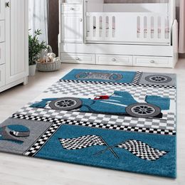 KADIMA DESIGN Kinderteppich TASNA, mit Rennwagen-Motiv, Blau, 120 x 170 cm