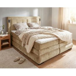 Boxspringbett OTTO HOME, B:204cm L:215cm, beige, Holz teilmassiv, Holzwerkstoff, Spanplatte, Jugendzimmer, Komplettbetten, "MIVVA mit Bettkasten, mit