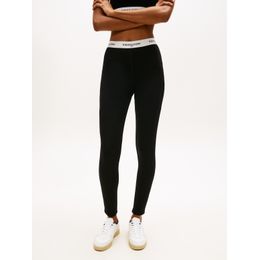 Tommy Jeans Damen Leggings "TJW ARCHIVE WB LEGGINGS", schwarz, Gr. L, unifarben mit Farbeinsatz, Jersey, Obermaterial: 70% Viskose, 25% Polyester, 5%