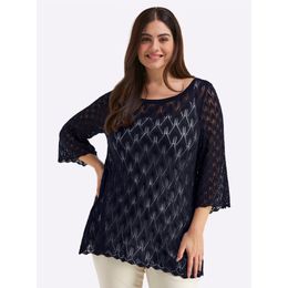 sheego Damen Strickpullover "3/4-Arm-Pullover", blau, Gr. 44, unifarben, 60% Viskose, 40% Baumwolle, Pullover